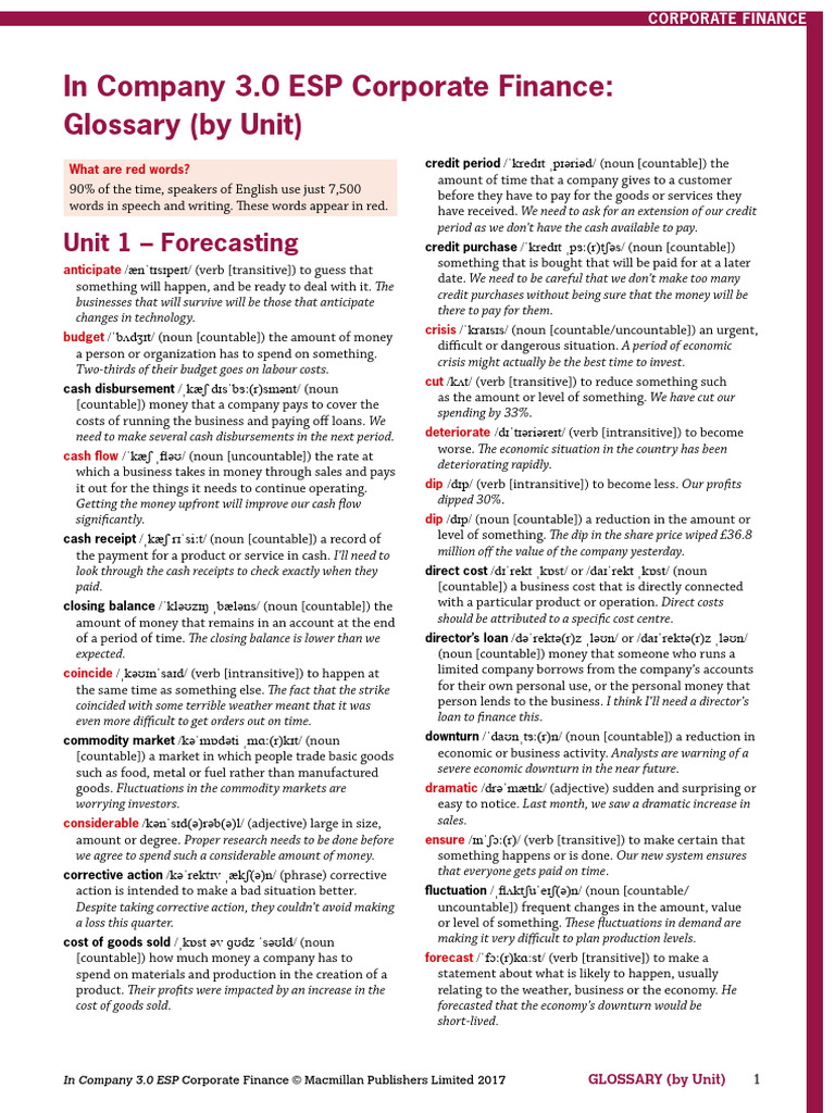 IC3 Corporate Finance SB Glossary Byunit | PDF | Verb | Noun