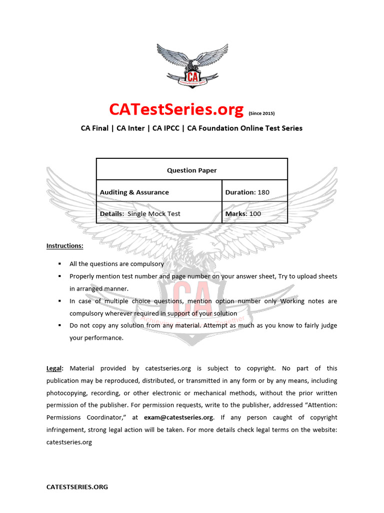 Auditing Assurance Single Mock Test Unscheduled Nov 2023 Test Paper ...