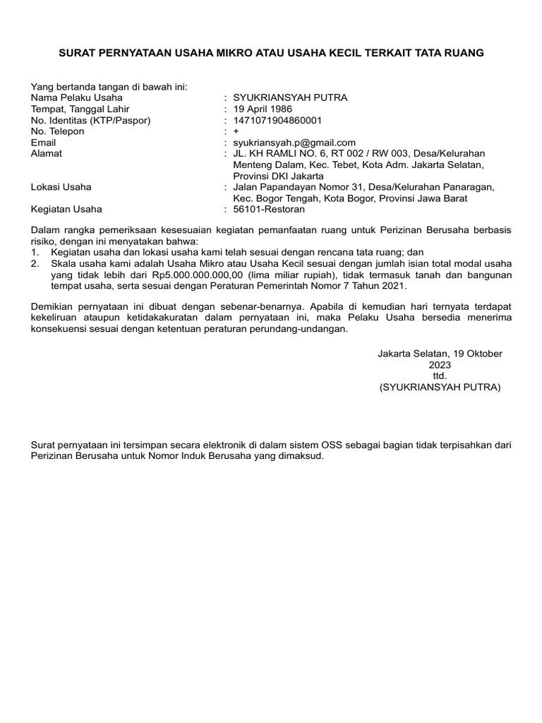 Surat Pernyataan Usaha Mikro Atau Usaha Kecil Terkait Tata Ruang | PDF