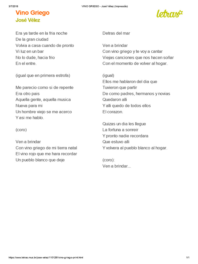 VINO GRIEGO - José Vélez (Impressão) | PDF