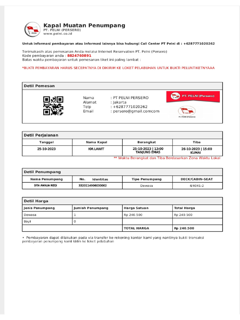E-Tiket PT Pelni KM - Lawit (Dita Awalia Rizqi) | PDF E-Tiket PT Pelni KM - Lawit (Dita Awalia Rizqi) | PDF