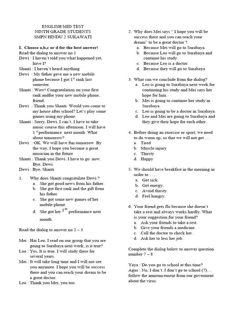 English Mid Test Ninth Grade 2022 | PDF