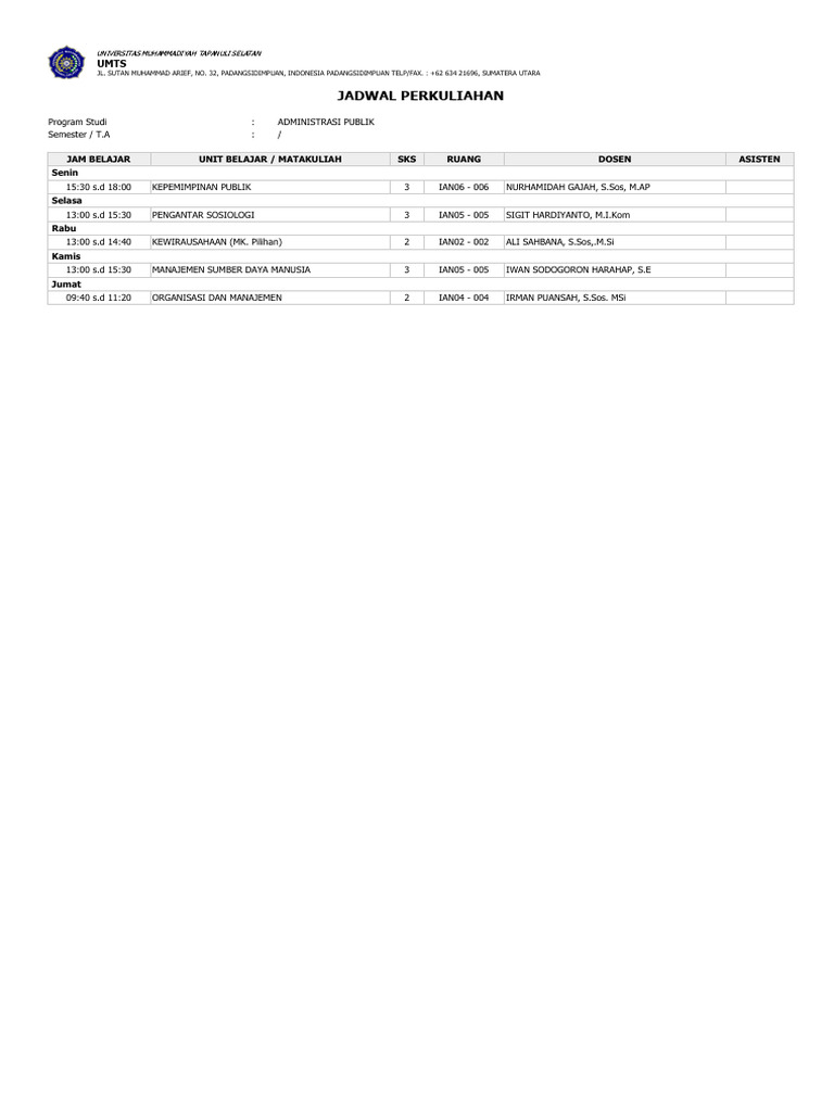 Roster Jadwal Perkuliahan | PDF