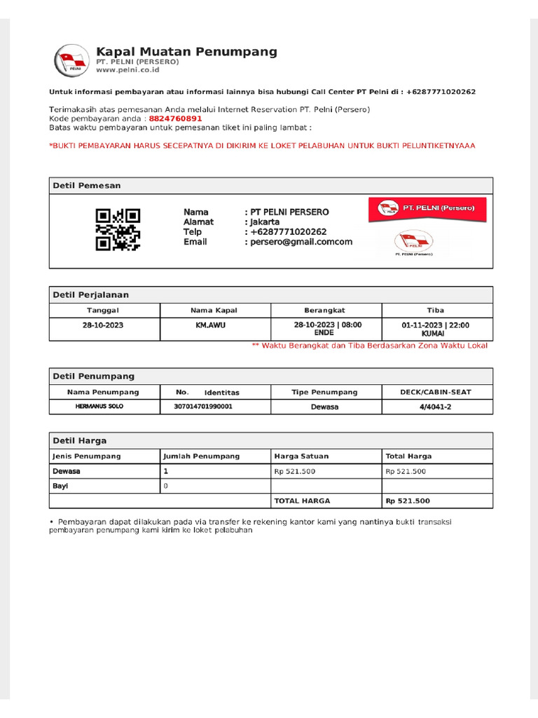 E-Tiket PT Pelni KM - Awu (Hermanus Solo) | PDF