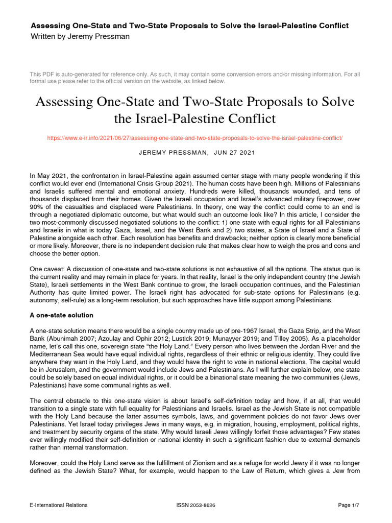 Israel-Palestine Conflict Solutions | PDF | Israeli–Palestinian ...
