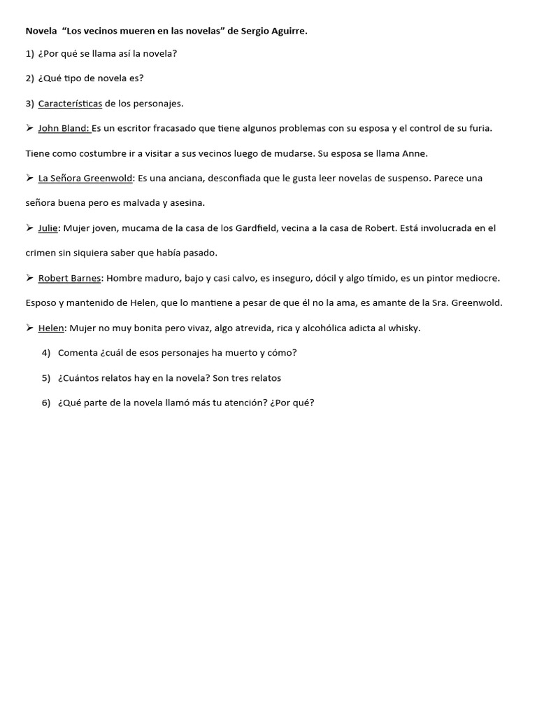 Actividad de La Novela "Los Vecinos Mueren en Las Novelas" | PDF