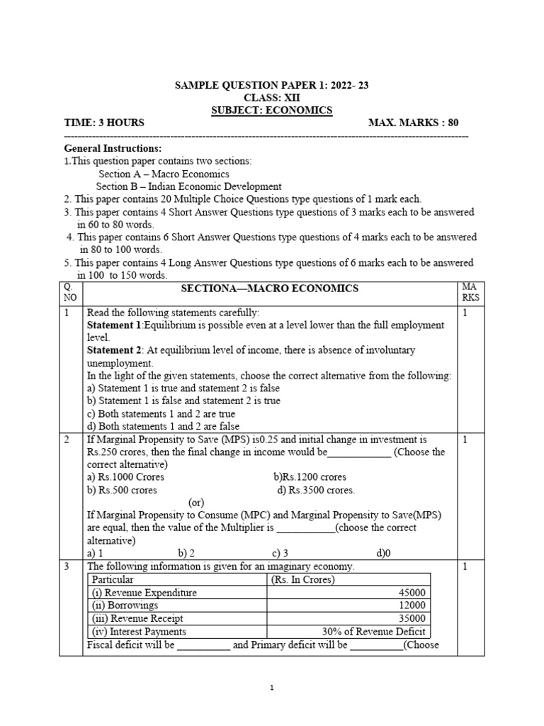 Economics Xii Kvs Sqp-1 by Cuet & Cbse Coterie | PDF | Money | Taxes