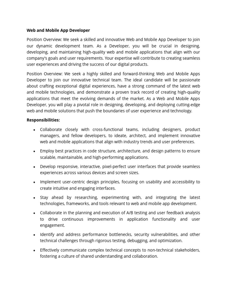 Web And Mobile App Developer Pdf Mobile App Web Application