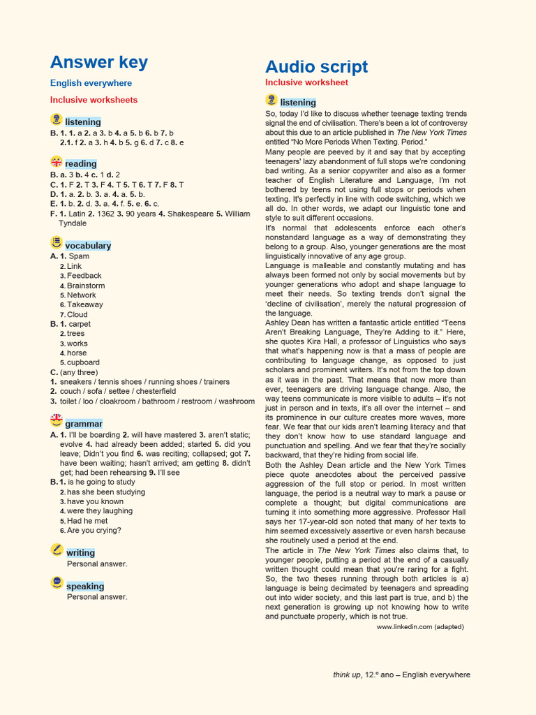 Thup12 U1 2 Inclusion Answer Key Audio Scripts | PDF | Couch | Human Communication