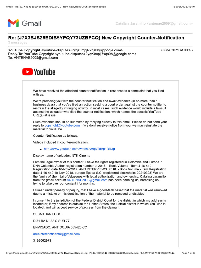 Gmail - Re - (J7X3BJS26EDIB5YPQY73UZBFCQ) New Copyright Counter-Notification | PDF | Online ...