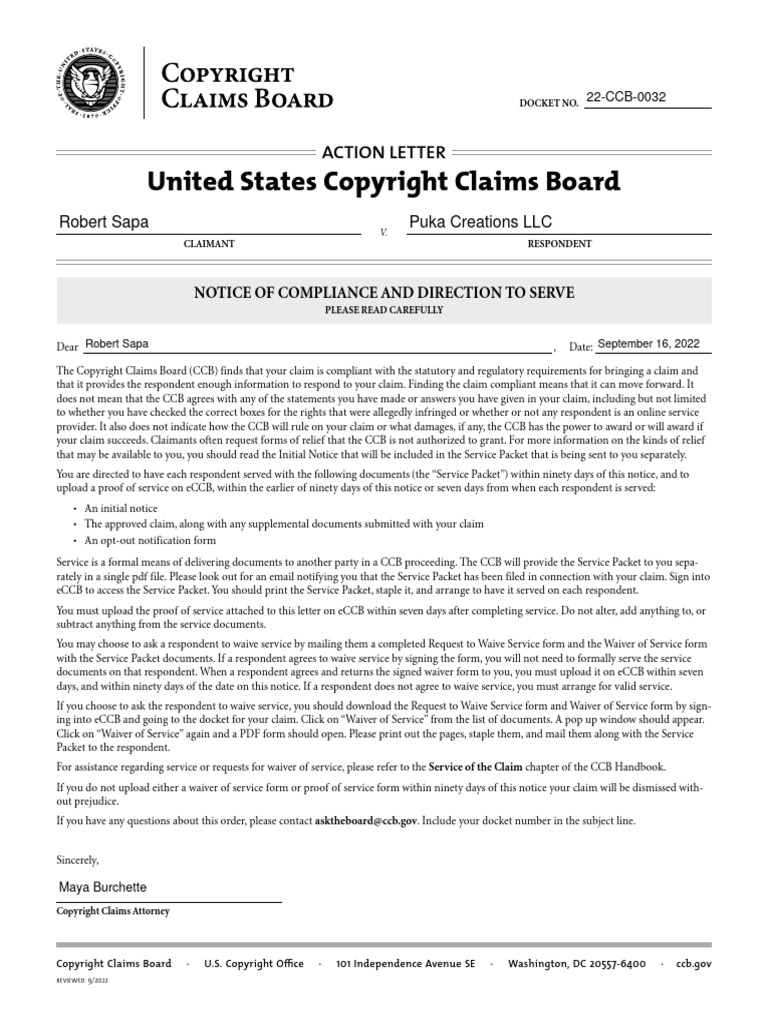 Notice of Compliance and Direction To Serve 0032 | PDF | Service Of ...