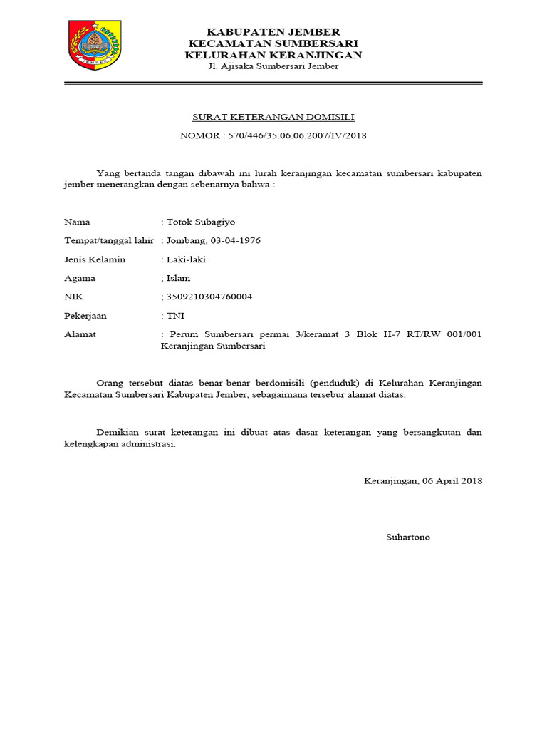 Surat Domisili Totok Subagiyo | PDF