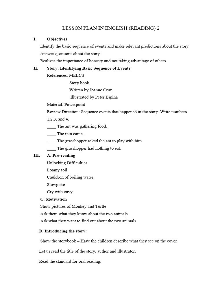 LESSON PLAN (Monkey and The Turtle) | PDF