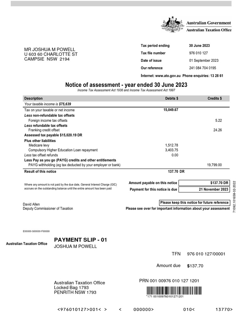 Notice of Assessment - Year Ended 30 June 2023: !H!ÎÈ/, g4 Î!Ef6Ä | PDF | Tax Refund | Taxes