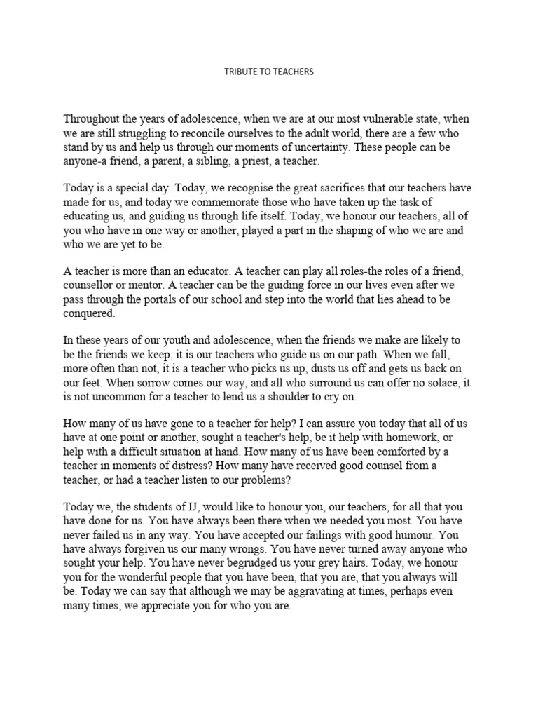 Tribute To Teachers | PDF