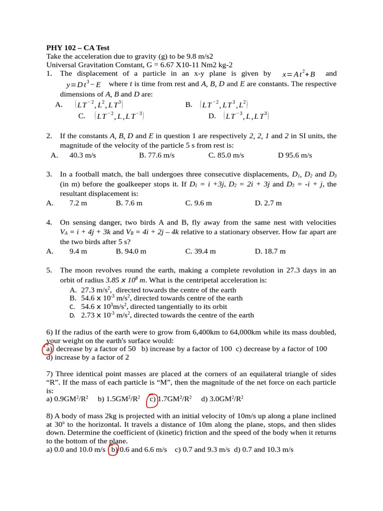 PHY 102 PQ CA Test Past Question PQ3SP | PDF | Acceleration | Motion ...