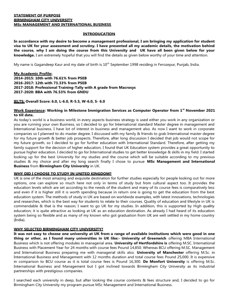 SOP-BCU (Gagandeep Kaur) | PDF | Strategic Management | Business