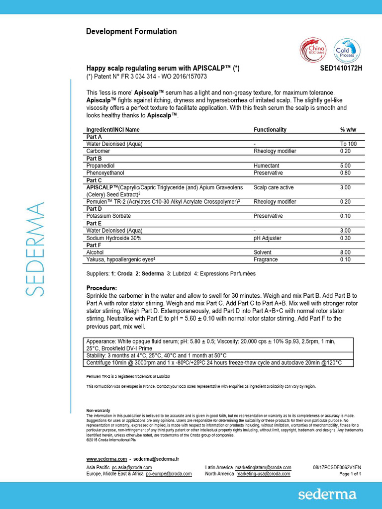 APISCALP - SED1410172H - Happy Scalp Regulating Serum | PDF | Trademark | Chemical Substances