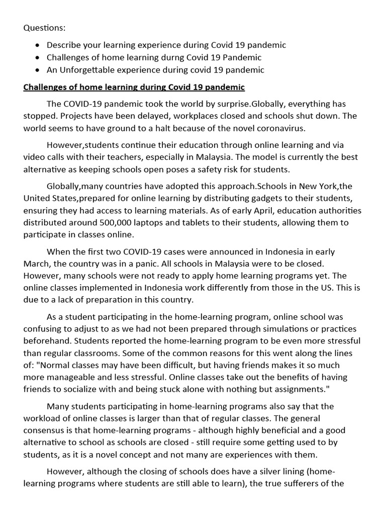 BI Essay - Challenges of Home Learning During Covid 19 Pandemic | Download Free PDF ...