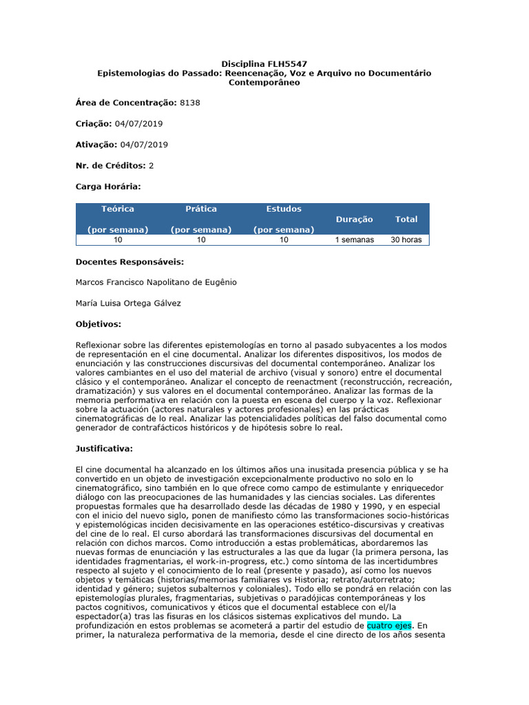 _ programa Disciplina - epistemologias do passado USP | PDF