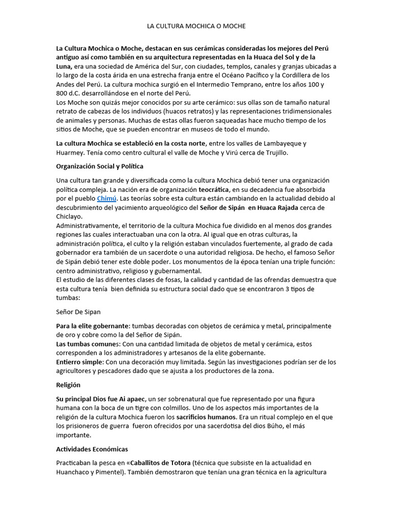 La Cultura Mochica o Moche | PDF