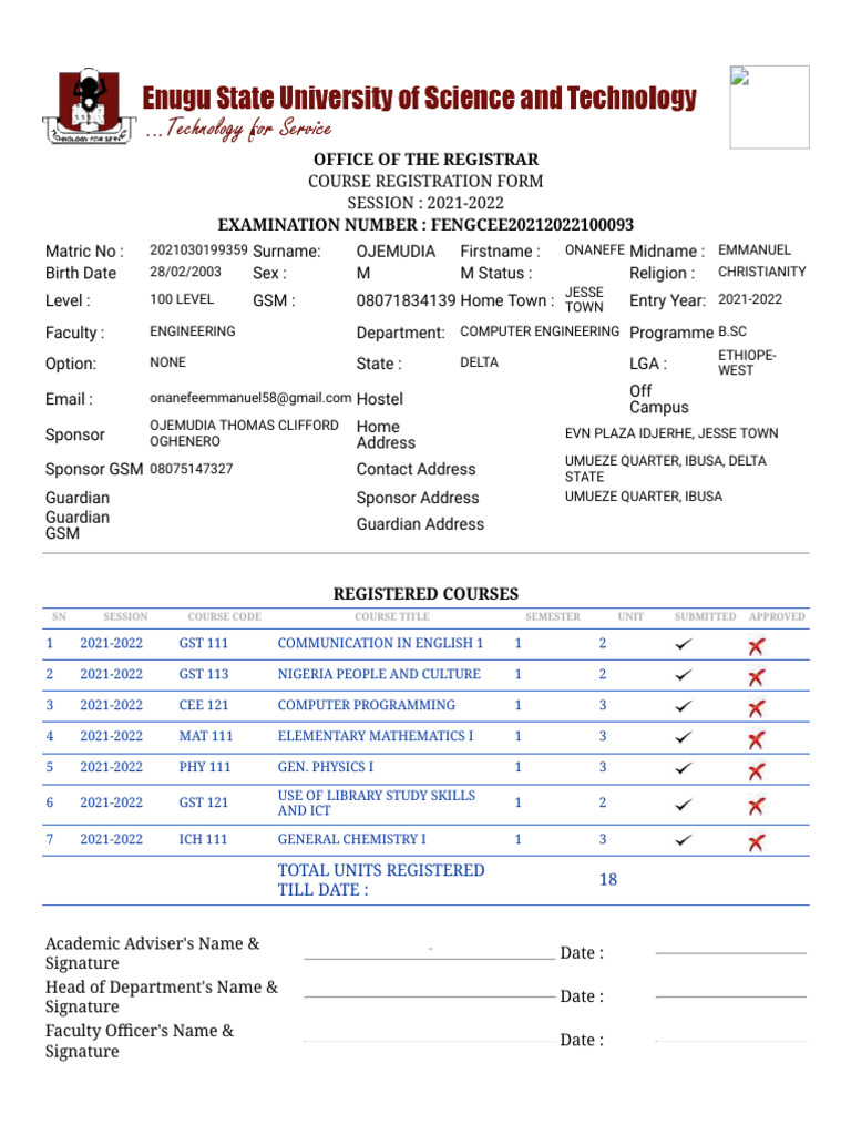 ESUT Course Registration | PDF