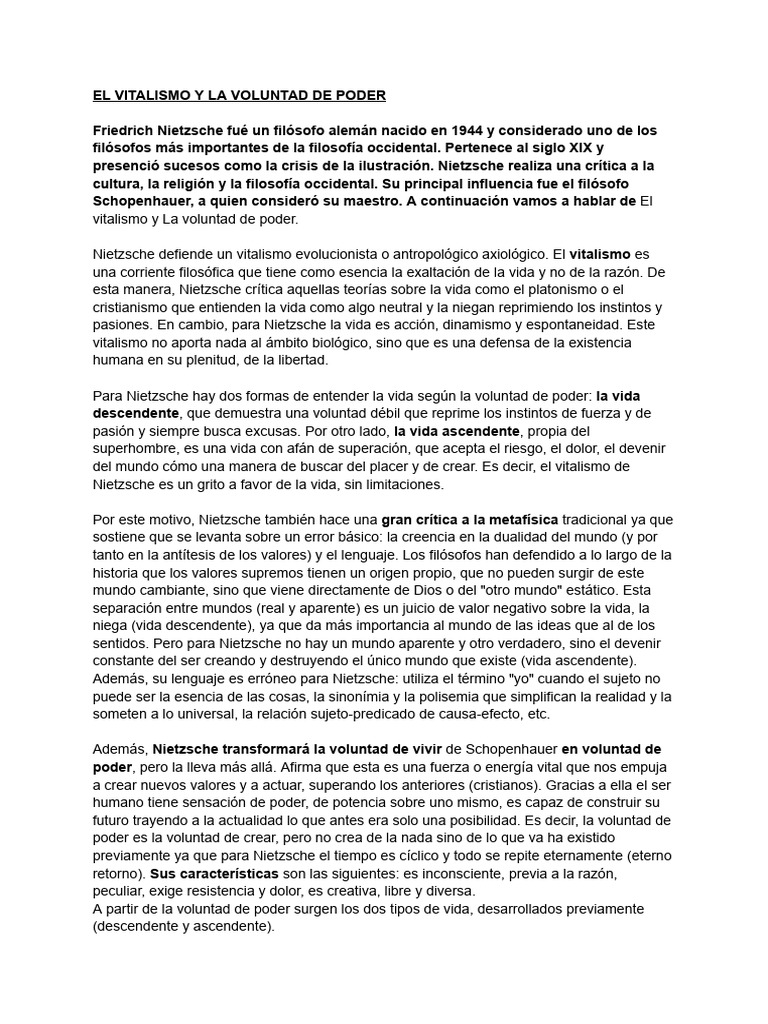 El Vitalismo y La Voluntad de Poder | PDF | Friedrich Nietzsche ...
