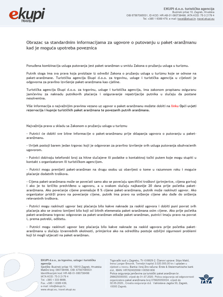 Obrazac Sa Standardnim Informacijama Za Ugovore o Putovanju U Paket ...