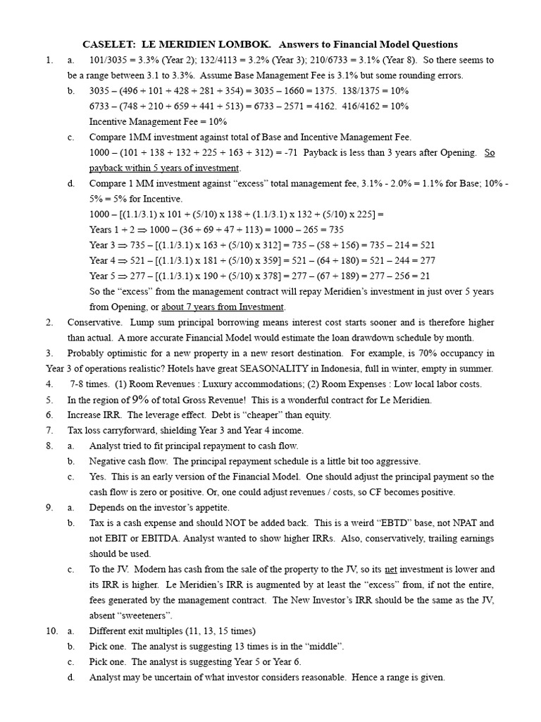 Fina5390 s2 Caselet Le Meridien Financial Model Answers 2016 | PDF | Debt | Internal Rate Of Return