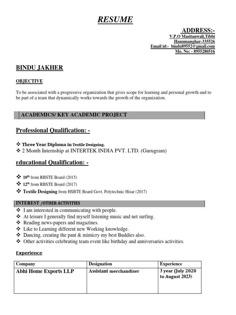 Bindu Jakhar - Textile Designer Resume | PDF