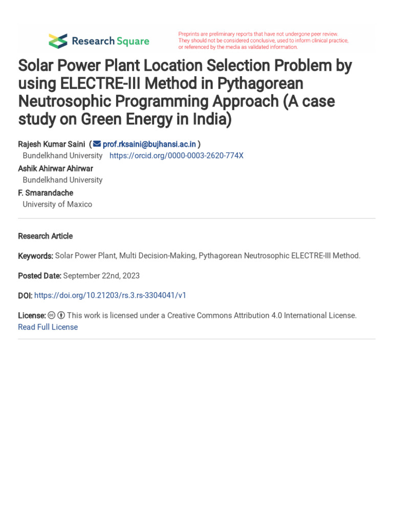 Solar Power Plant Location Selection Problem by Using ELECTRE-III Method in Pythagorean ...