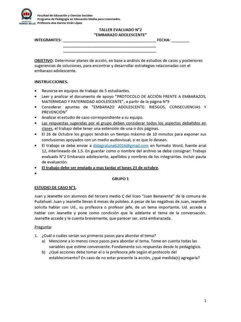 Taller Evaluado N°2 Embarazo Adolescente | PDF | Maestros | Caso de estudio Taller Evaluado N°2 Embarazo Adolescente | PDF | Maestros | Caso de estudio