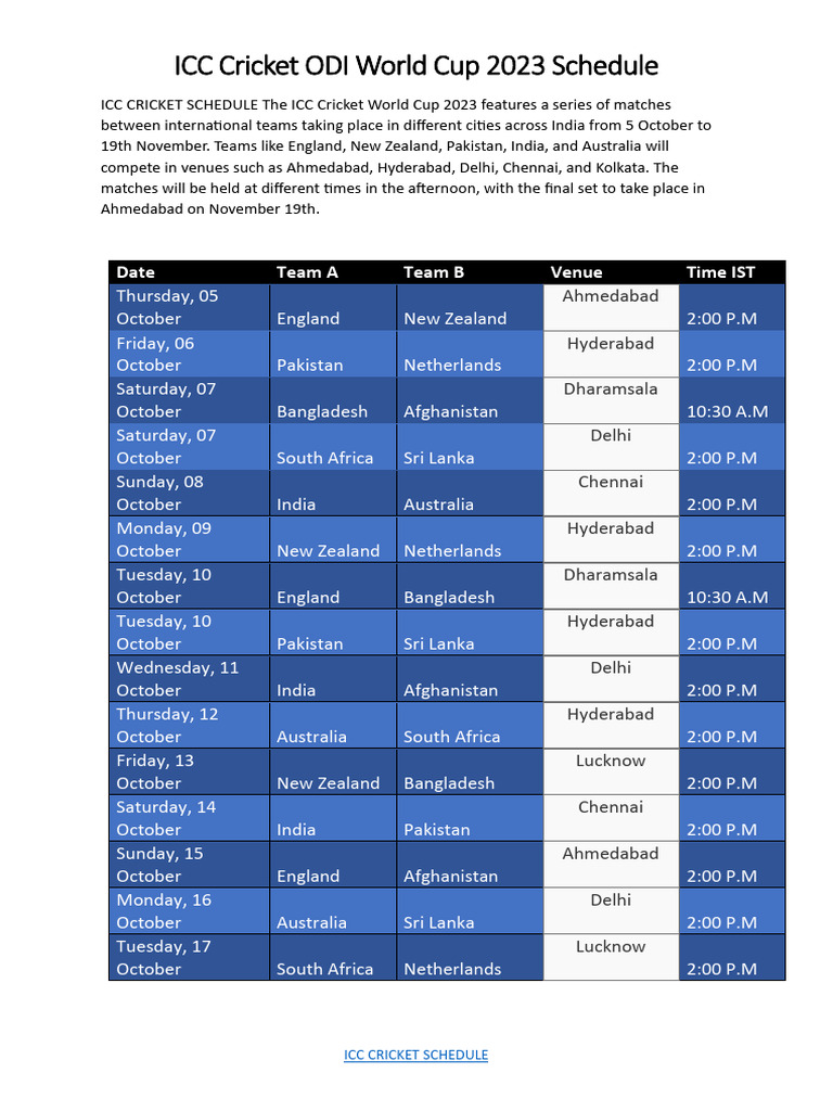 ICC Cricket ODI World Cup 2023 Schedule PDF | PDF | England Cricket ...