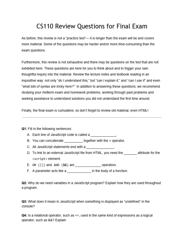 CS110 Review Questionsfor Final Exam | PDF | Software Engineering | Computing