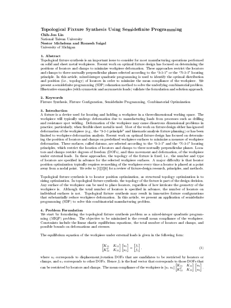 Topological Fixture Synthesis Using Semide nite Programming | PDF | Mathematical Optimization ...
