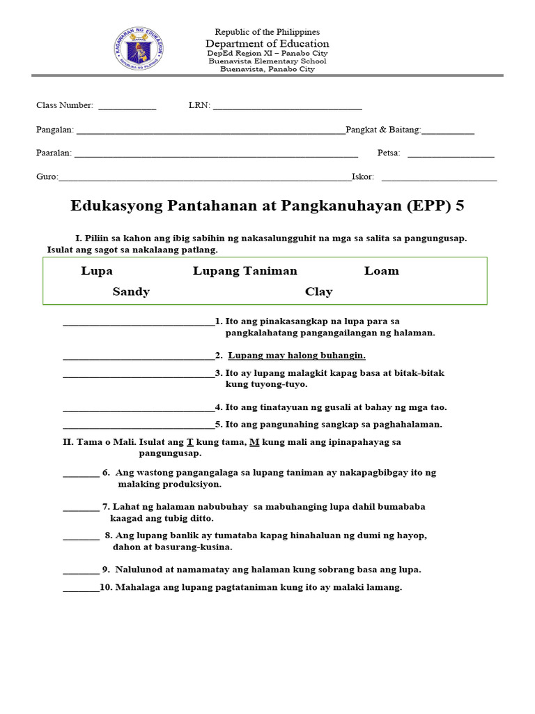 Answer Sheets in EPP | PDF