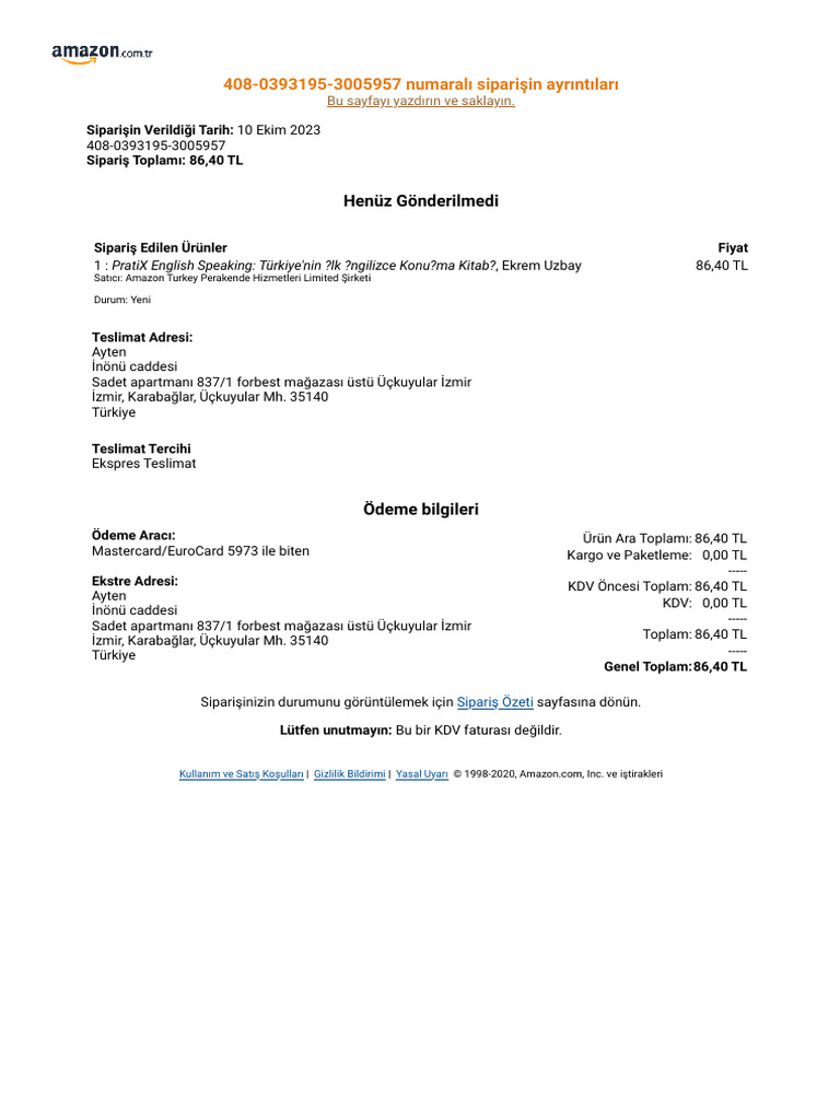 .TR - Sipariş 408-0393195-3005957 | PDF