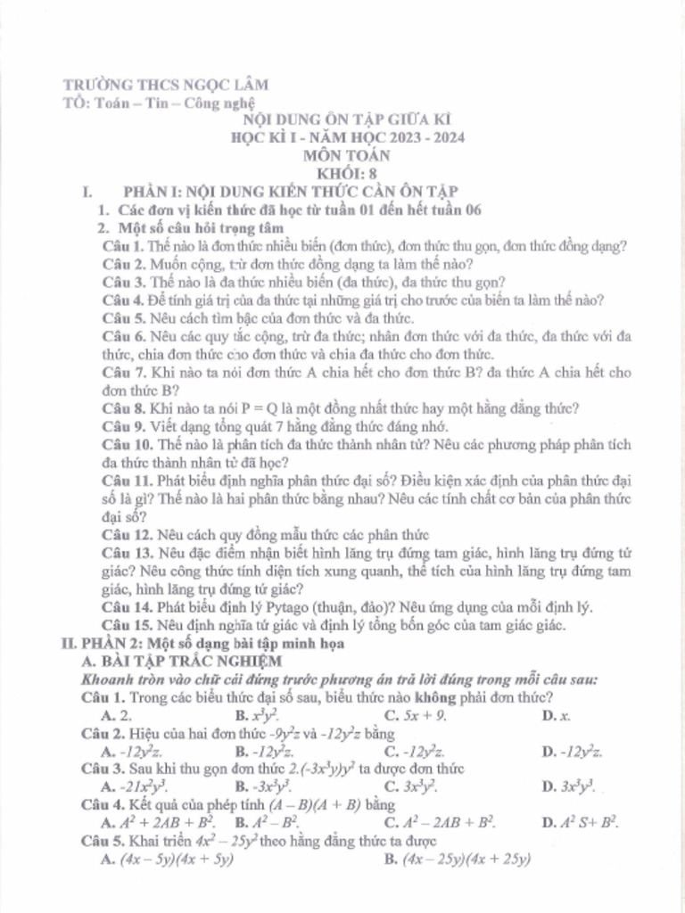 On Tap Giua Hoc Ky 1 Toan 8 Nam 2023 2024 Truong Thcs Ngoc Lam Ha Noi | PDF
