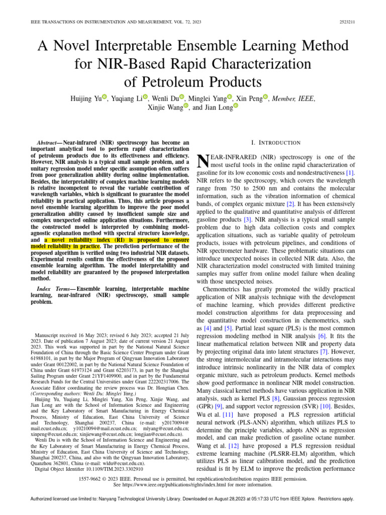 A Novel Interpretable Ensemble Learning Method For NIR-Based Rapid Characterization of Petroleum ...