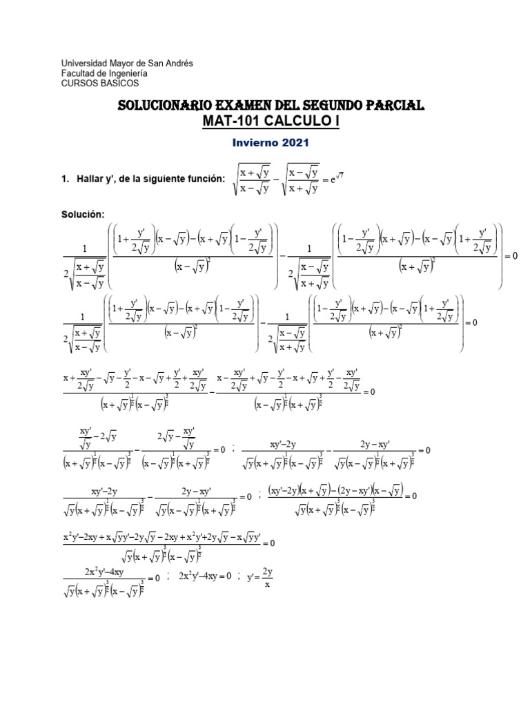 Solucionario Del 2do Parcial CALCULO I Invierno 2021 | PDF