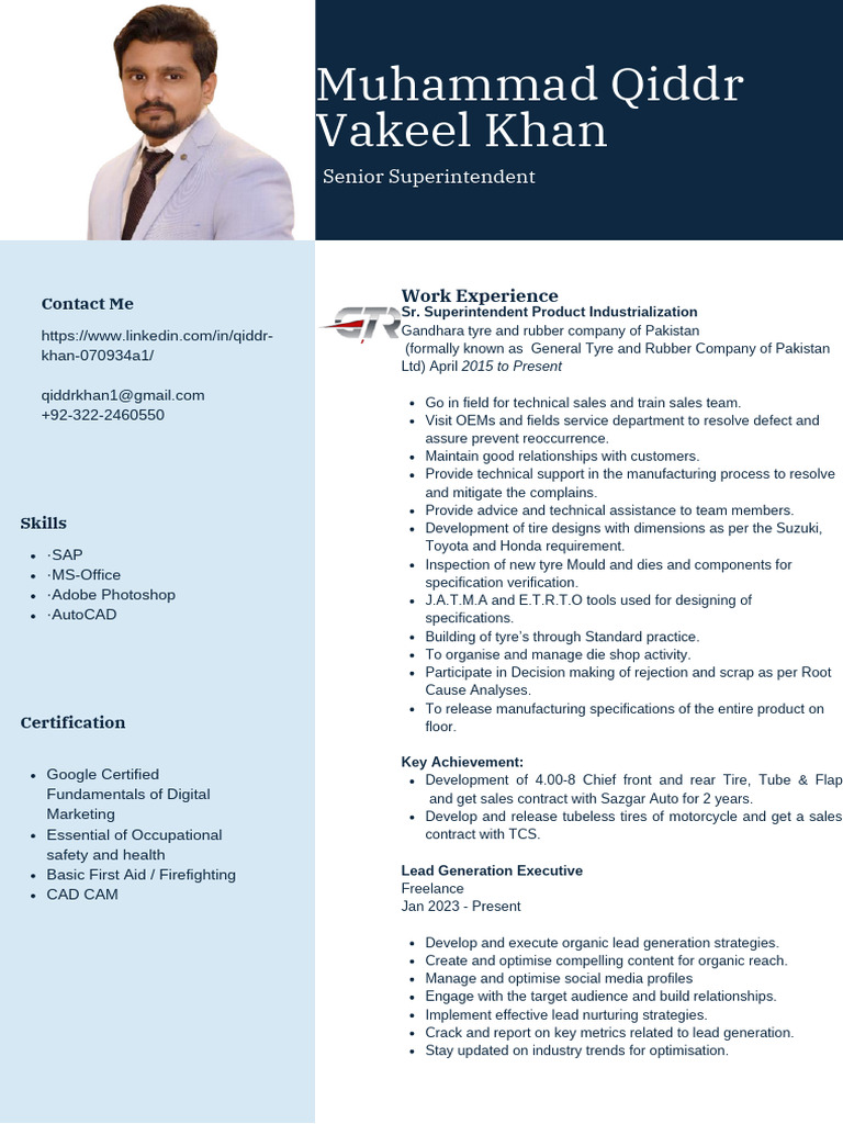 Qiddr Khan CV | PDF | Tire | Sales