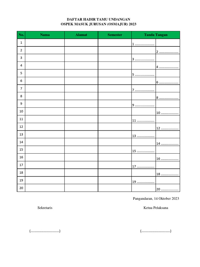Daftar Hadir Tamu Undangan Osmajur | PDF