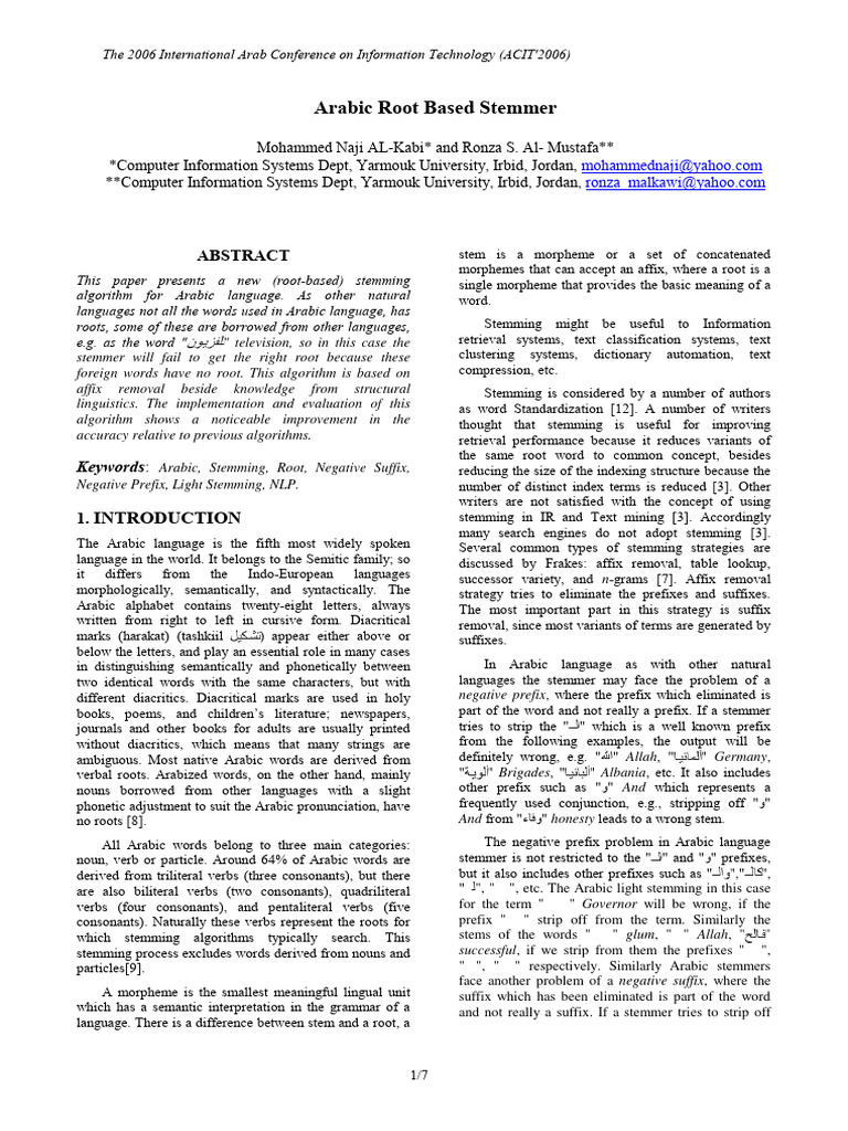 Arabic Root Based Stemmer | PDF