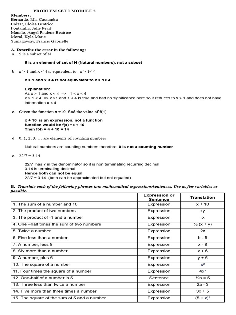 Math Problem Set 1 Solutions | PDF | Teaching Methods & Materials ...