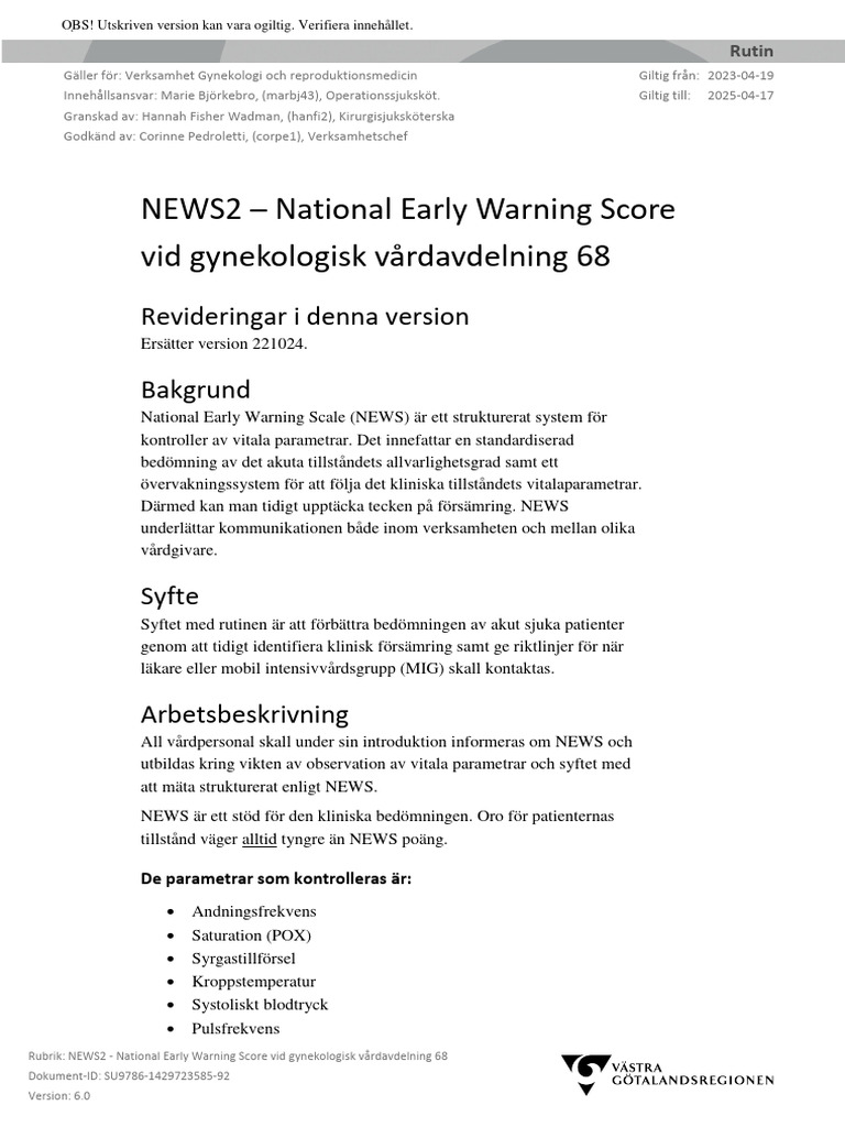 NEWS2 - National Early Warning Score Vid Gynekologisk Vårdavdelning 68 ...