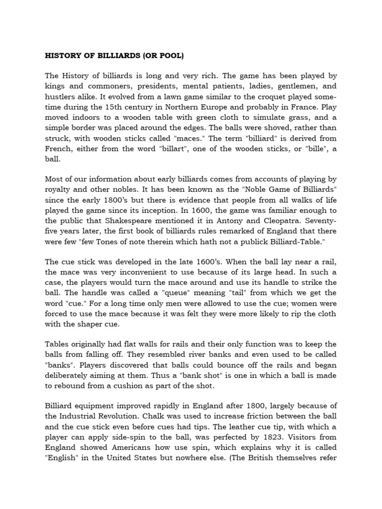 HISTORY OF BILLIARDS | PDF