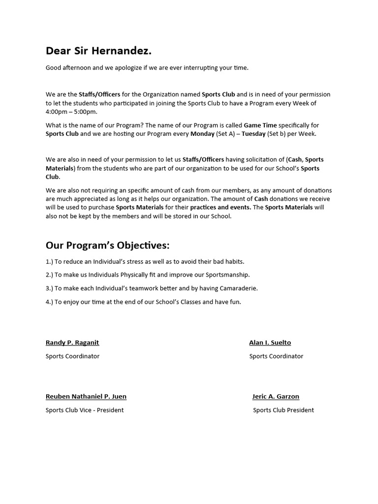 Sports Clubs Permission Letter | PDF