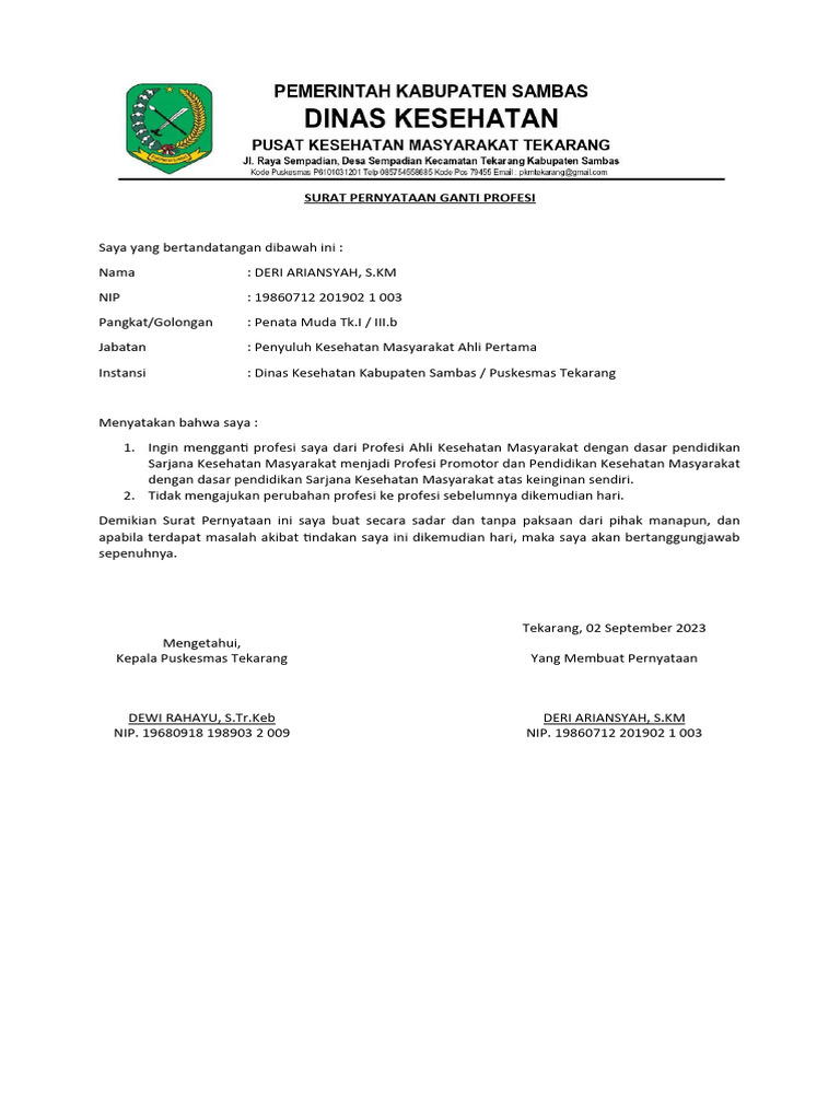 Surat Pernyataan Ganti Profesi | PDF Surat Pernyataan Ganti Profesi | PDF