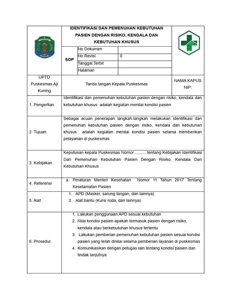 3.1.1.a SOP IDENTIDIKASI DAN PEMENUHAN KEBUTUHAN PASIEN DENGAN RISIKO, KENDALA DAN KEBUTUHAN ...