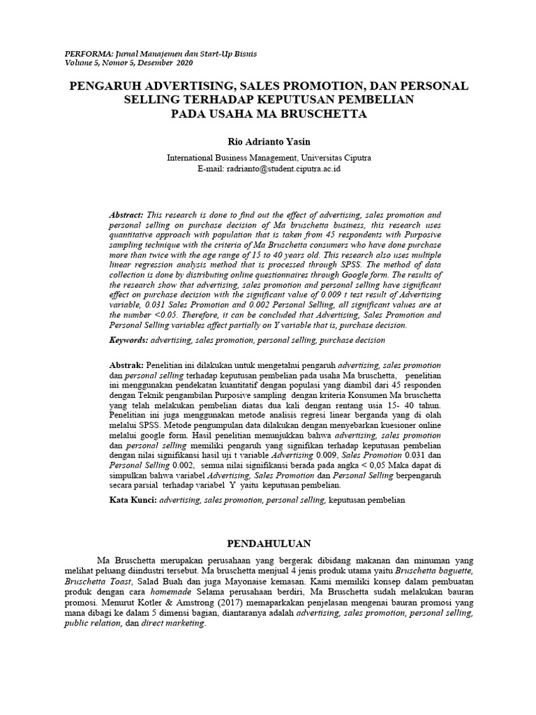 Pengaruh Advertising, Sales Promotion, Dan Personal Selling Terhadap ...